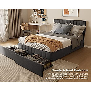 Gizoon Queen Bed Frame with 4 Storage Drawers, Upholstered Platform Bed with Headboard Adjustable, Fits 6” to 12” Mattress, No Box Spring Needed (Dark Grey)