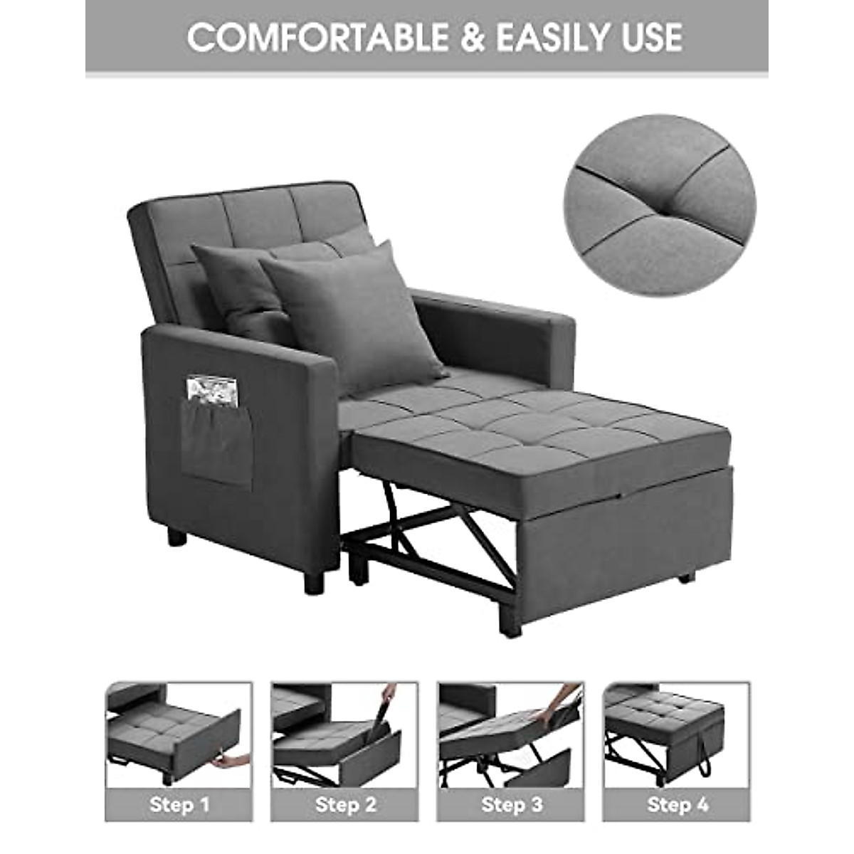 XSPRACER Convertible Chair Bed, Sleeper Chair Bed 3 in 1, Adjustable Recliner,Armchair, Sofa, Bed, Fleece, Dark Gray, Single One