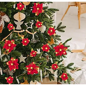 Geefuun 28PCS Christmas Tree Decorations: Poinsettias Artificial Flowers Ornaments Xmas Red Glitter Flower with Clips,3 Sizes(Not Included Stems)