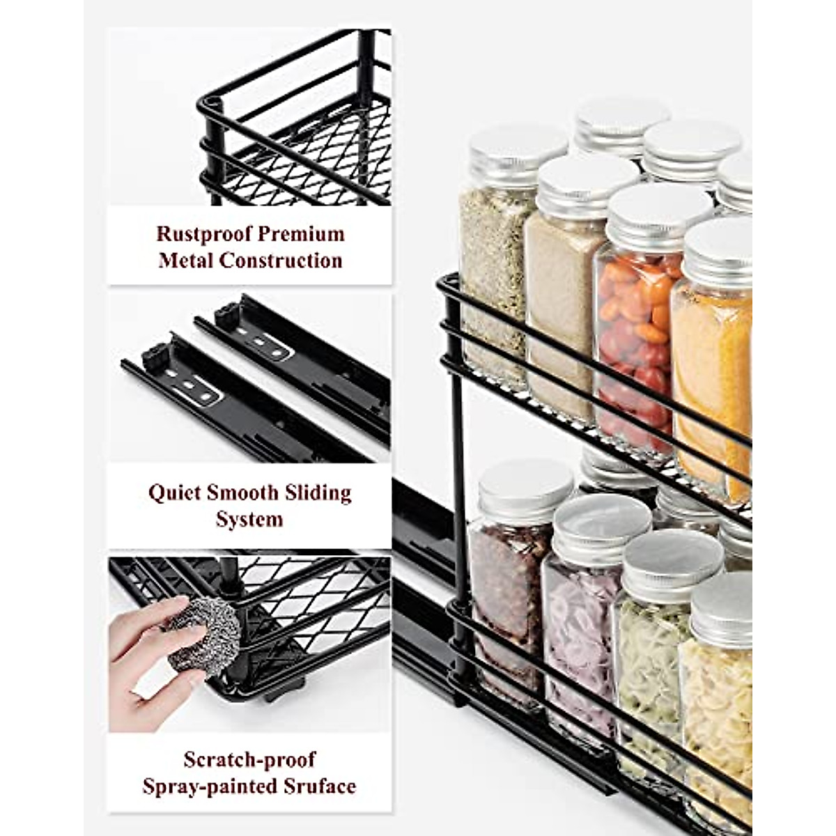 Sakugi Spice Rack Organizer for Cabinet - 2-Pack 2-Tier Pull Out Spice Rack for Kitchen Cabinet, Rustproof & Durable Spice Cabinet Organizer, Spice Organizer, 4.33''W x 10.23''D x 8.54''H