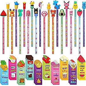 80 Pcs Scented Bookmarks and Scented Pencils with Cute Pencil Toppers Set Fun Pencils Fruit Food Theme Scratch and Sniff Bookmarks Cartoon Pencil Toppers for Kids Students Supplies (Lovely Style)