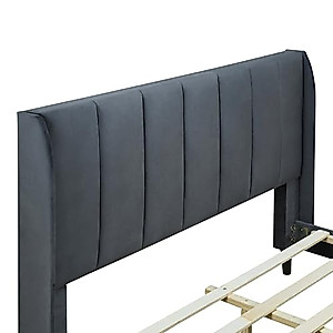 Livavege Queen Bed Frame with Wingback Headboard and Footboard, Velvet Upholstered Platform w/Wooden Slats Support, Queen Size Bedframe No Box Spring Needed, Easy Assembly/Mattress Foundation