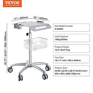 VEVOR Medical Cart, Salon Cart with Wheels, Mobile Trolley Cart 26.77"-42.91" Height Adjustable, Metal Salon Stations for Hair Stylist, Rolling Desktop Lab Cart for Clinic, Beauty and Salon