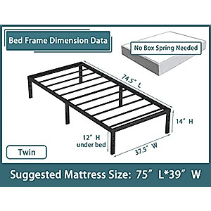 Rooflare Twin Size Bed Frames 14 Inch Heavy Duty Max 3500lbs Metal Twin Size Mattress Platform for Boys Girls Kids No Box Spring Needed Easy to Assemble-Black
