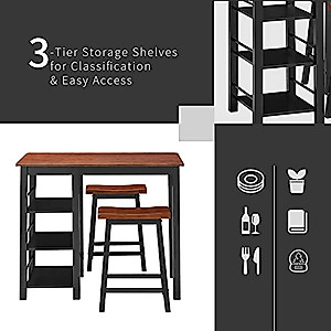 PETSITE 3 Piece Bar Table Set, Counter Height Kitchen Dining Room Table with Stools and Storage Shelves, Small Breakfast Coffee Pub Table and Chairs Set of 2