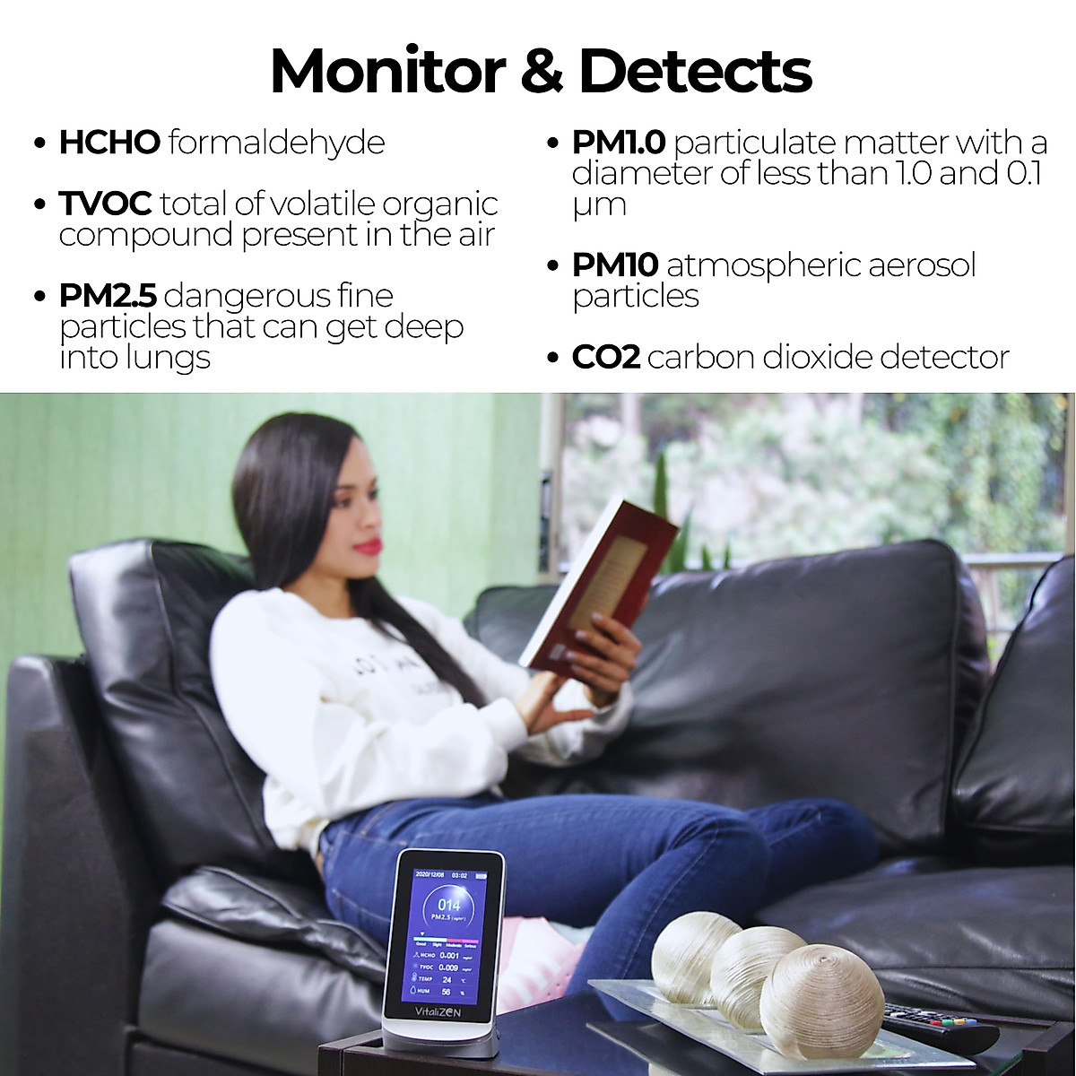 VitaliZEN Airwise Indoor Air Quality Quality Monitor, Portable, for Real-Time PM2.5, PM1.0, CO2, PM10, Volatile Compounds, TVOC, Formaldehyde, Temperature, and Humidity. Compatible with Android & iOS