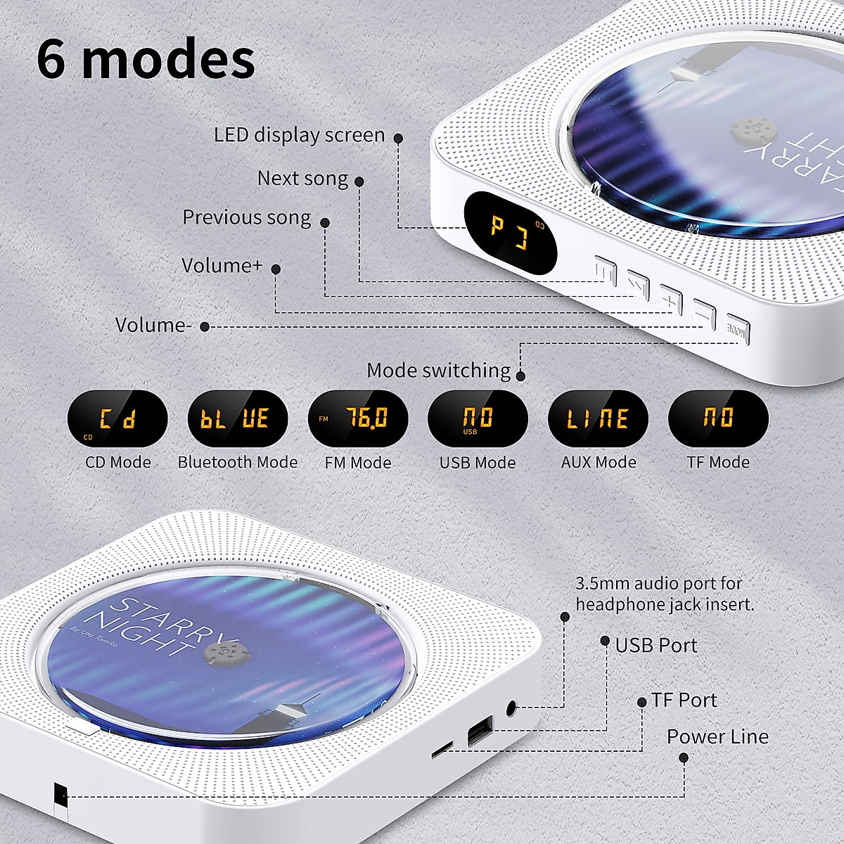 ZYOKATA CD Player Portable with Bluetooth 5.1 Desktop Music CD Player with Remote Control, Dust Cover, Boombox, FM Radio, LED Screen, Support AUX/USB Headphone Jack for Home