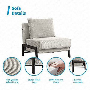 Mjkone Folding Futon Sofa Chair Bed, 2 in 1 Convertible Chair Bed Pull Out Sleeper Chair with Memory Foam Armless Sleeper Chair with Metal Leg Upholstered Chair for Living Room Bedroom Office, Beige