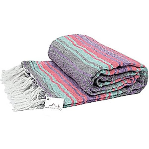 Open Road Goods Light Pastel Mexican Falsa Blanket - Pink Grey Purple and Mint/Teal - Great as a Beach Blanket, Picnic Blanket, Yoga Blanket, or a Throw! Handwoven