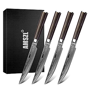 AMSZL Steak Knives - Set of 4 - Damascus - 5.5" - Japanese VG10 Core Steel Forged Straight Edge - Pakka Handle - Gift Box