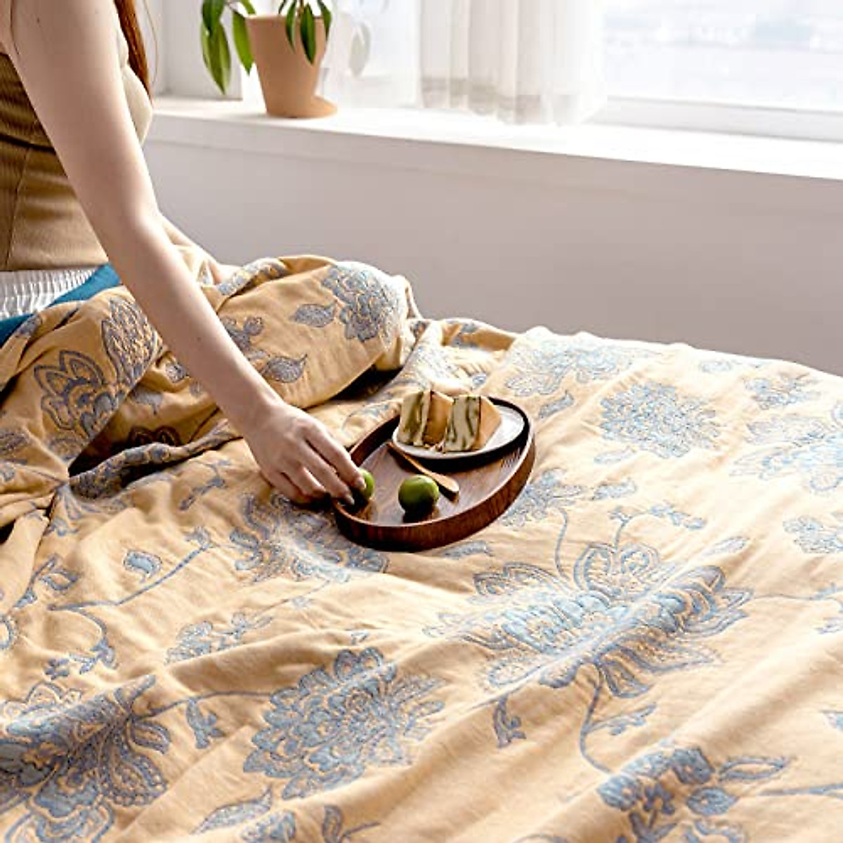 DECMAY Muslin Warm Bohemian Throw Blanket, 5-Layer Cotton Bedspread Blanket for Bed Couch, Super Soft, Cozy for All Seasons Twin Size (Yellow, 60"X80")