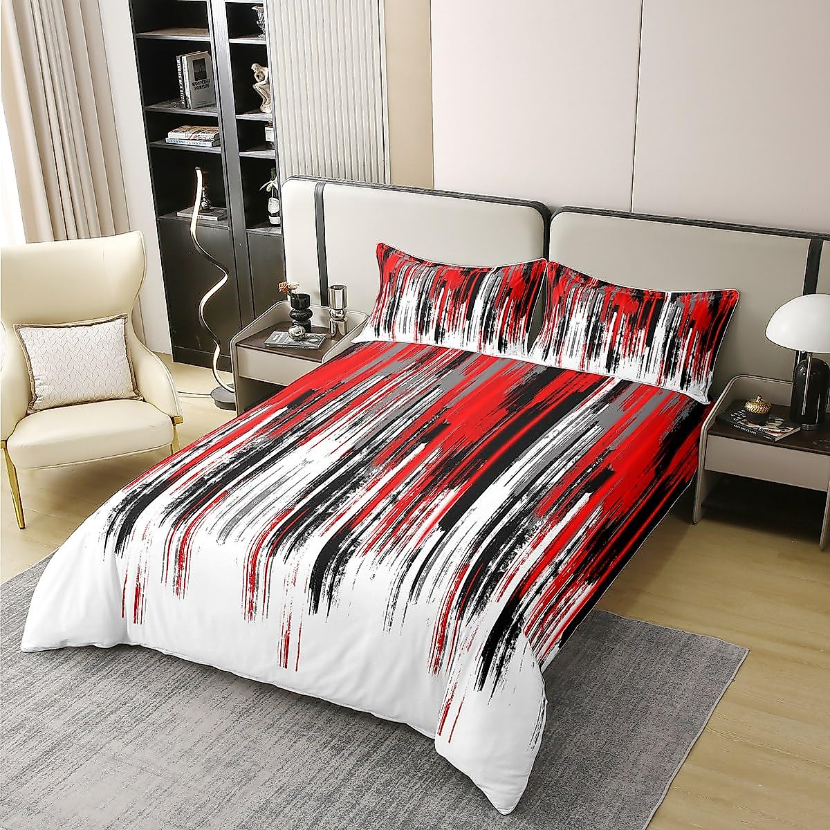 Feelyou Red White Black Bedding Duvet Cover 100% Cotton Set Stripes Reversible Bedding Set Geometric Comforter Cover Set for Room Decor Modern Abstract Art Bedspread Cover Twin Size With 1 Pillow Case