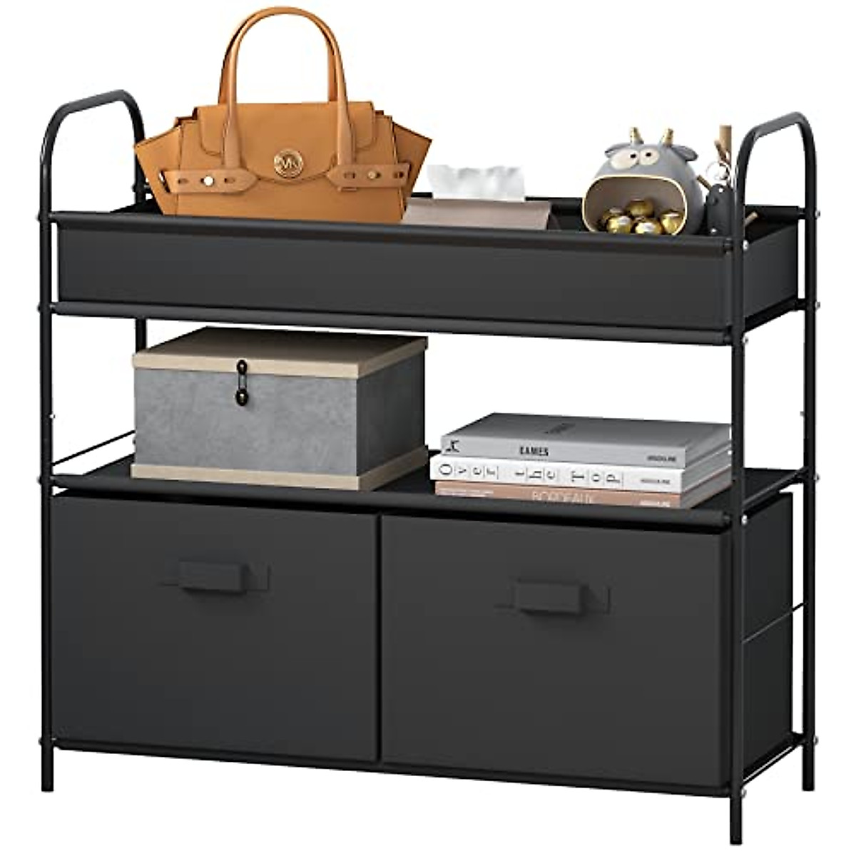 Sywhitta 3-Tier Closet Storage Organizer, Shelves with 2 Foldable Cubes, Multi-Functional Metal Rack, Black