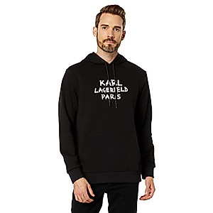 Karl Lagerfeld Paris Men's Solid Center Logo Drawcord Hoodie, Black, X-Large