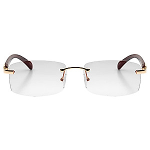 Elite Slim Rimless Rectangular Metal & Wood Art Aviator Sunglasses (Cherry Gold Clear)
