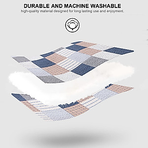 PANGUSHAN 100% Cotton Quilt Set Queen Size, Patchwork Plaid Queen Quilt Bedding Set Bedspreads, Farmhouse Lightweight Comforter Reversible Quilt, Navy/Brown/White Bed Spread for Queen Bed, 3 Pieces