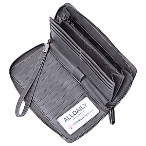 Women's RFID Blocking Leather Zip Around Wallet Large Phone Holder Clutch Travel Purse Wristlet (Grey)