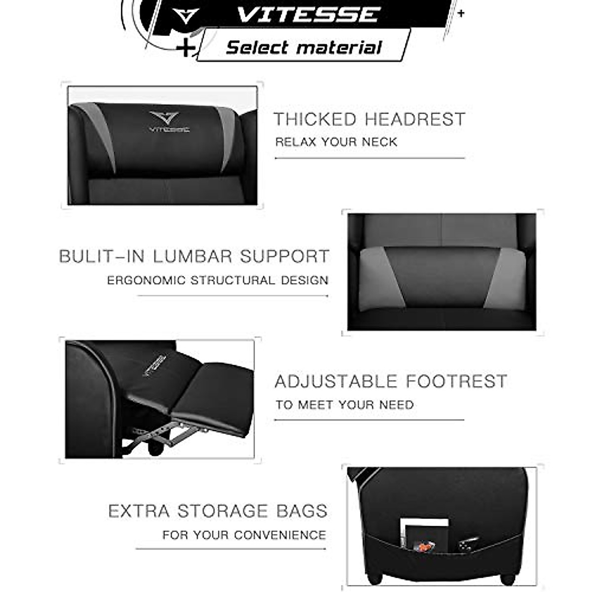 VITESSE Gaming Recliner Chair Racing Style Single PU Leather Sofa Modern Living Room Recliners Ergonomic Comfortable Home Theater Seating, Grey