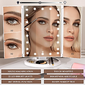 Girapow Vanity Desk with Power Outlets and Lights, 36'' Makeup Vanity with Tri Fold Lighted Mirror, White Vanity Set with Drawers, Vanity Table with Cushion Stool, Small Makeup Table for Bedroom,White