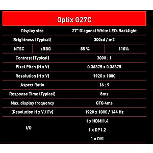 MSI Gaming Monitor 27" Curved non-Glare LED Wide Screen 1920 x 1080 144Hz Refresh Rate (Optix G27C)