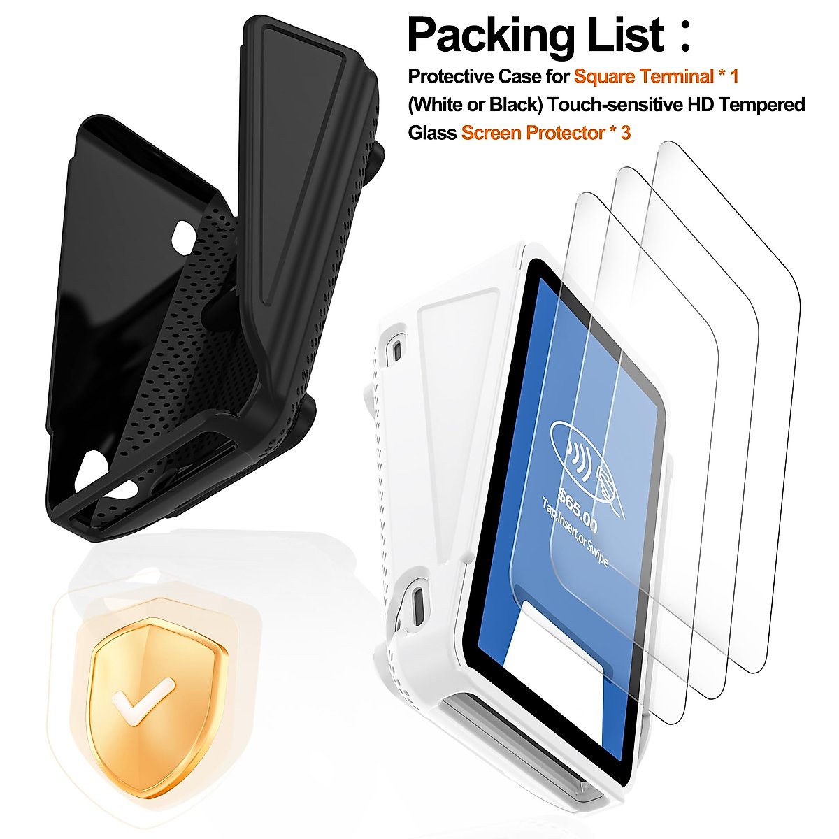 Kailfee Protective Case and Screen Protector*3 for Square Terminal Card Reader - Rubberized Hard Casing with Non-Slip Base and Tempered Glass(Black)