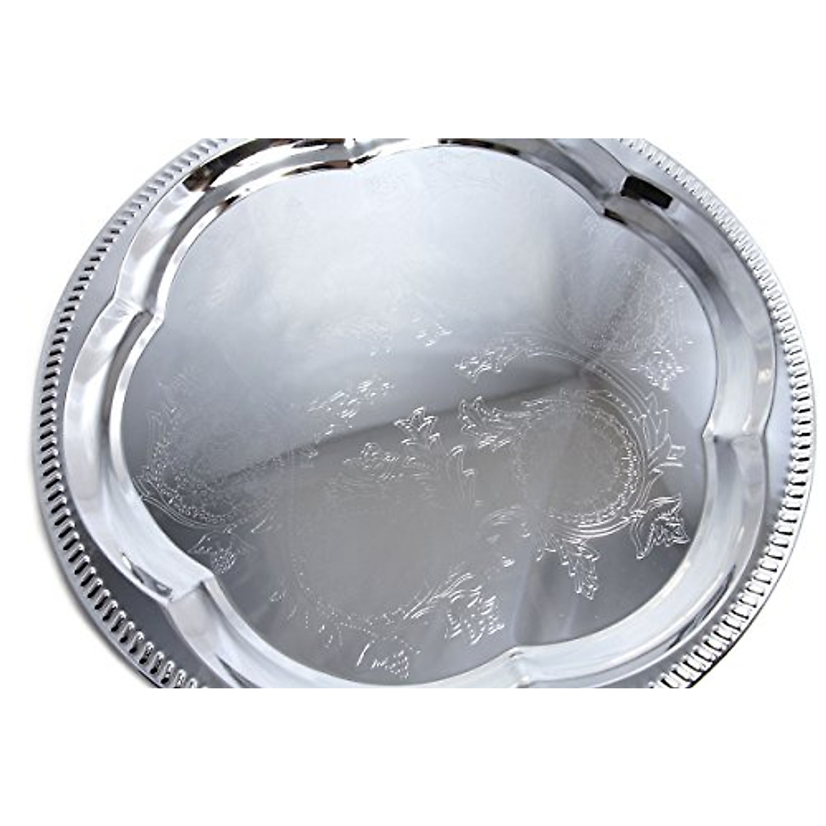Maro Megastore (Pack of 4) 11.8-Inch Elegant Round Floral Pattern Engraved Catering Chrome Plated Serving Plate Mirror Tray Platter Tableware Decor Holiday Wedding Birthday Party (Small) T226s-4pk