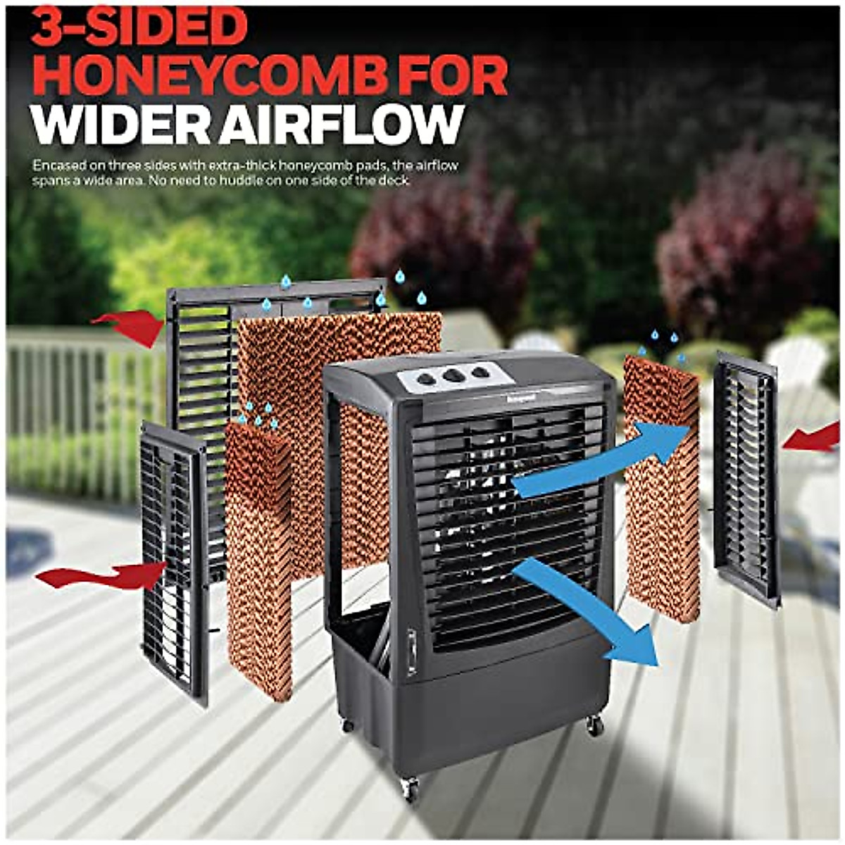 Honeywell 2100 CFM Outdoor Portable Evaporative Cooler & Fan for Patio Area, Deck, Backyard, Garage, Cools up to 850 Sq. Ft. with 3 Speeds and 36 Ft. Air Throw for Large Outdoor Spaces, Black