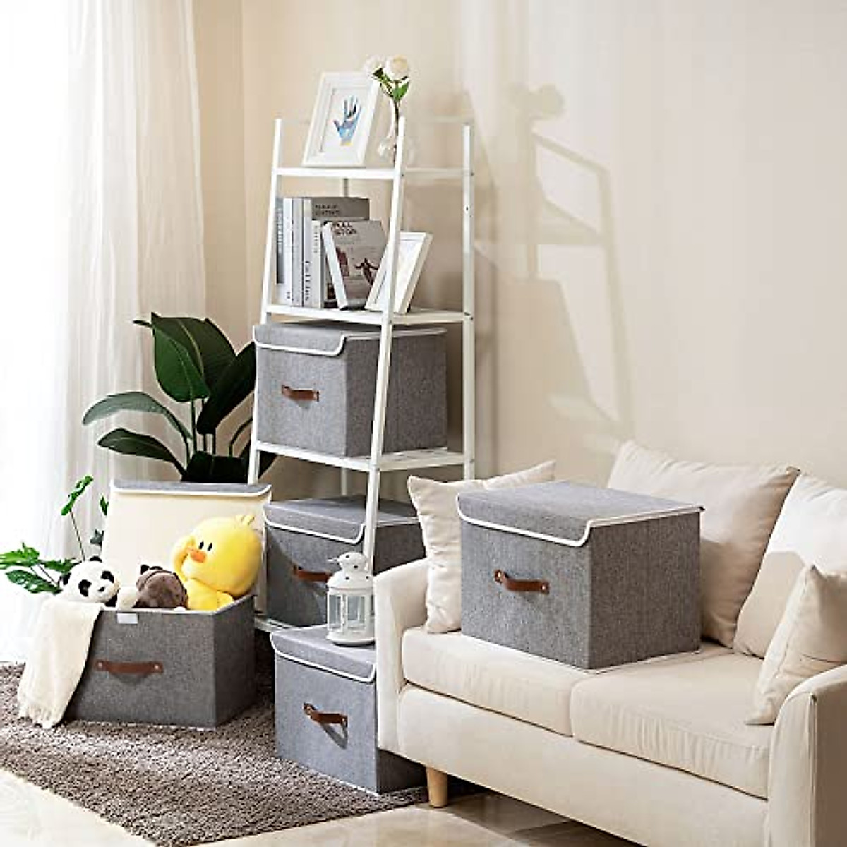 Yawinhe Collapsible Storage Boxes 1 Pack, Linen Fabric Storage Baskets Washable, with Lids and Leather Handle, for Home Bedroom Closet Office, (Grey, 15.0x9.8x9.8in), USNK024GL-1