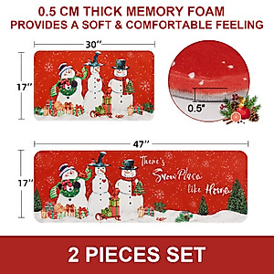ASPMIZ 2 Pcs Merry Christmas Kitchen Rugs, Red Winter Area Rug Set of 2 Non Slip Washable, Absorbent Anti Fatigue Snowmen Kitchen Mat for Laundry Bathroom Bedroom Xmas Decor, 17'' x 47'' + 17'' x 30''
