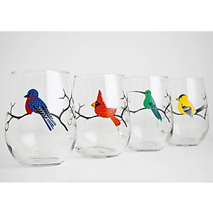 Stemless Wine Glass Set of 4 Birds - Silkscreened Glassware Collection - Bird Watching Gifts
