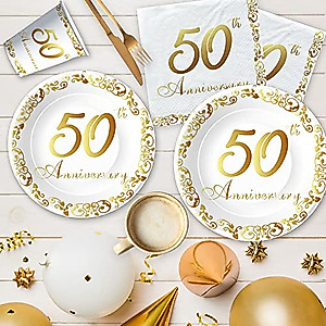 APOWBLS 50th Anniversary Decorations And Supplies Tableware - Golden 50th Wedding Anniversary Decorations, Plate, Napkin, Tablecloth, Fork, 50 Year Anniversary Party Supplies Decorations | Serve 24