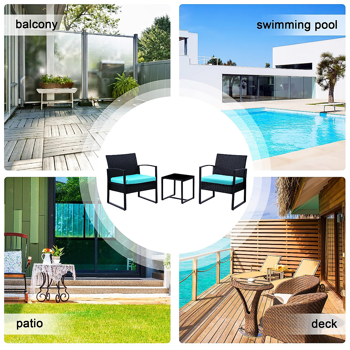 Skyfish 3 Pieces Patio Furniture Set Outdoor Wicker Patio Bistro Set Conversation Rattan Chair Set 3 PCS with Coffee Table for Yard & Bistro (Blue)