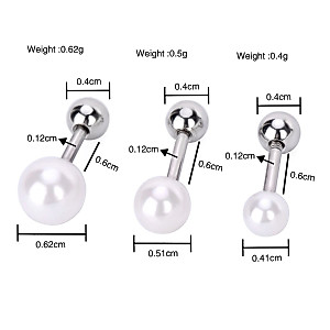 IPINK-3 Pcs 16G (1.2mm) Pearl Tragus Earring Piercing Stud Set Surgical Steel Cartilage Barbell