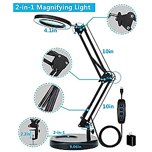 10X Desk Magnifying Glass with Light, NUEYiO 2-in-1 Heavy Duty Base&Clamp Magnifying lamp, 4.1'' Real Glass Len, 3 Color Stepless Dimmable LED Lighted Magnifier Glass for Soldering Crafts Sewing