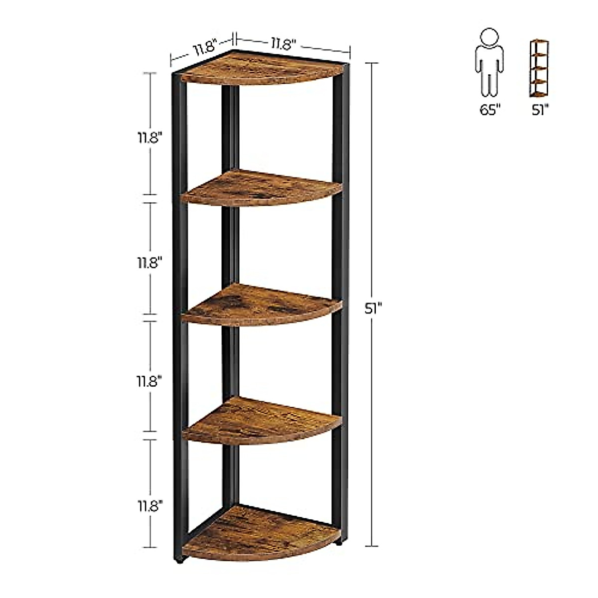 VASAGLE 5 Tier Corner Shelf Stand, Corner Bookshelf, Tall Corner Storage Shelves, Industrial Rack Plant Stand for Living Room, Bedroom, Home Office, Rustic Brown and Black ULLS801B01