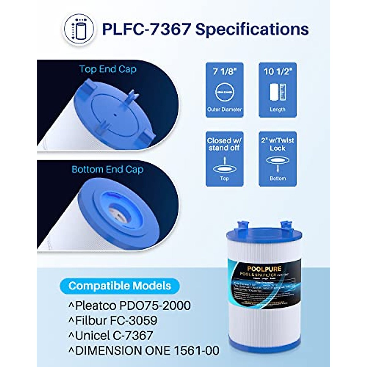 POOLPURE C-7367 Spa Filter Replaces PD075-2000, Dimension One 1561-00, Filbur FC-3059, Excel Filters XLS-7005, Aladdin 17541, Baleen AK-60035, 75 sqft Hot Tub Filter Cartridge 2PACK