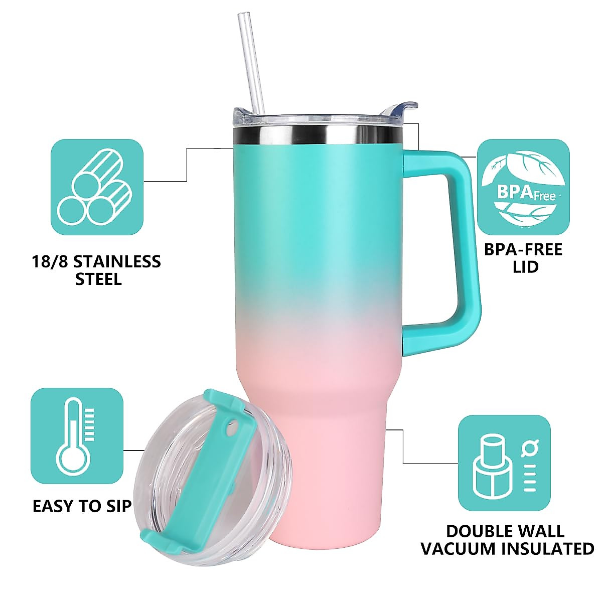 SYACOT 40 oz Tumbler with Handle and Straw Stainless Steel Insulated Tumbler Leak Proof Lid and Straw Lid Reusable Travel Mug Coffee Mug Cup Dishwasher Safe Keep Drinks Cold and Hot (Bubble Gum)