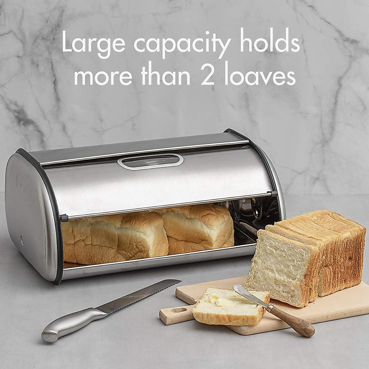 Deppon Bread Box for Kitchen Countertop, Extra Large Capacity Holds More Than 2 Loaves, Matte Stainless Steel Bread Storage Bin Container with Roll up Lid, Fingerprint Proof, 17.5 x 11 x 7.5 Inches