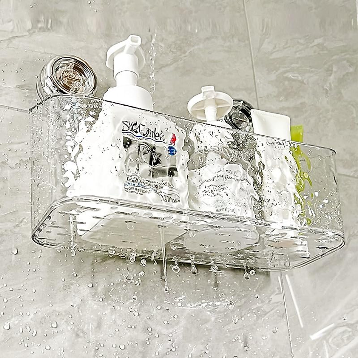 Suction Cup Shelf, Plastic Shower Caddy, Light Luxury Glacier Pattern Suction Cup Shelf Wall Mounted Organizer Shelf NO-Drilling Removable Shower Basket for Home (Transparent white, Large+Small)