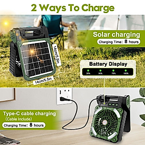 4 Speeds Solar Battery Operated Fan for Camping, 10000mAh Portable Rechargeable Desk Fan with LED Light & Timing Function, Folding USB Charger Port Camping Fan Power Bank for Home Office Car Outdoor