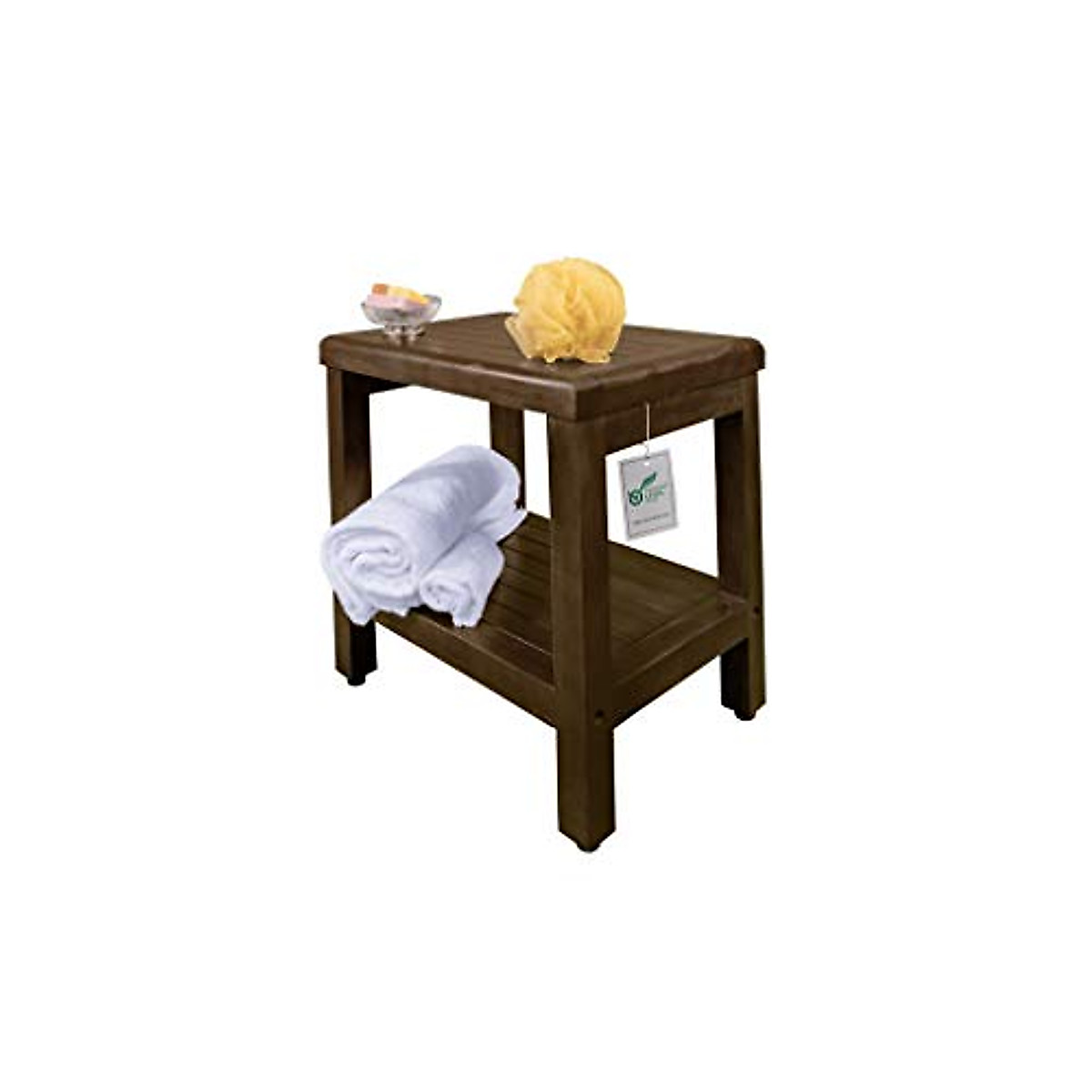 DecoTeak Classic Shower Bench Eleganto Natural Wooden Seat Shower Stool with Shelf 18" Armless Open Back Bench in Woodland Brown Finish