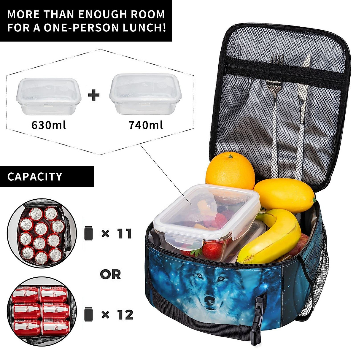 3D Forest Wolf Lunch Box Insulated Food Container Meal Bag Lunch Bag For Teen Boys Girls Men Women School Work Travel Picnic