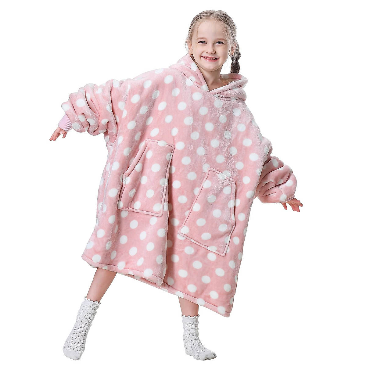 Aemicion Kids Blanket Hoodie,Oversized Wearable Blanket,Cozy Sherpa Sweatshirt Blanket,Gifts for Kids-Pink Polka Dot