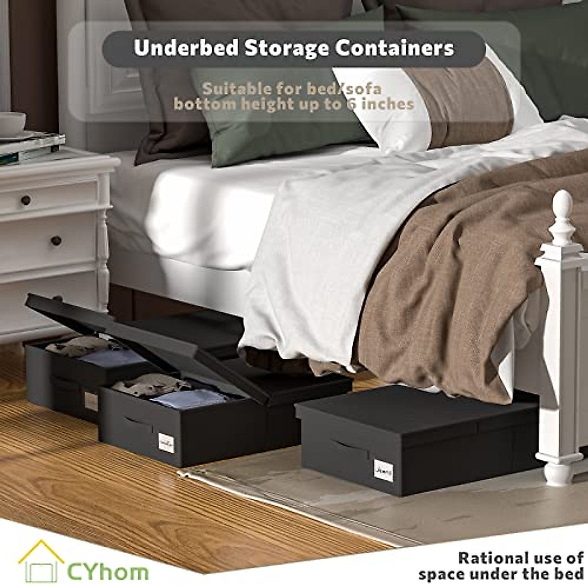 Under Bed Storage Bins With Lids - 2Pack Underbed Storage Containers Foldable Stackable Storage Box Sturdy Clothes Storage Organizer (Small-23.6"*16.5"*6", Black)