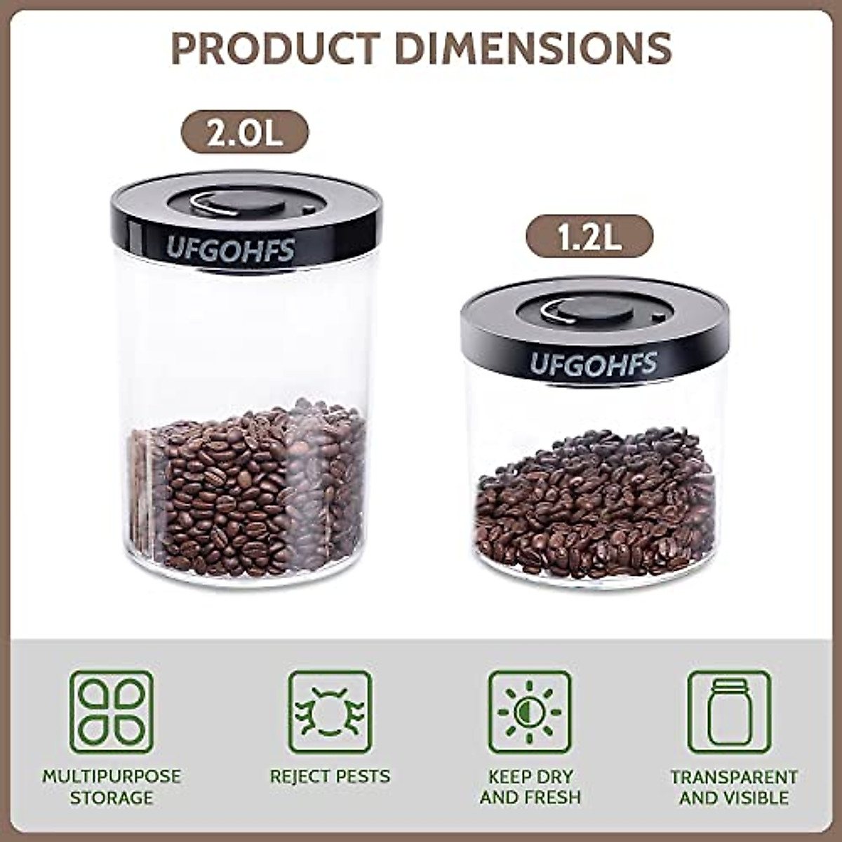UFGOHFS Vacuum Coffee Canister Coffee Bean Storage Vacuum Seal Containers Airtight Coffee Container Airtight Food Storage Containers Coffee Vacuum Canister Coffee Containers 2.0 Liter Black
