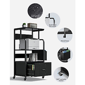 Bealife 3 Tier Home Office Printer Stand with Drawer,Side Canvas Bag, Metal Hook, Tall Mobile Printer Rack Cart with Ample Storage Space, Durable Lockable Casters, Multifunctional in Use - Black