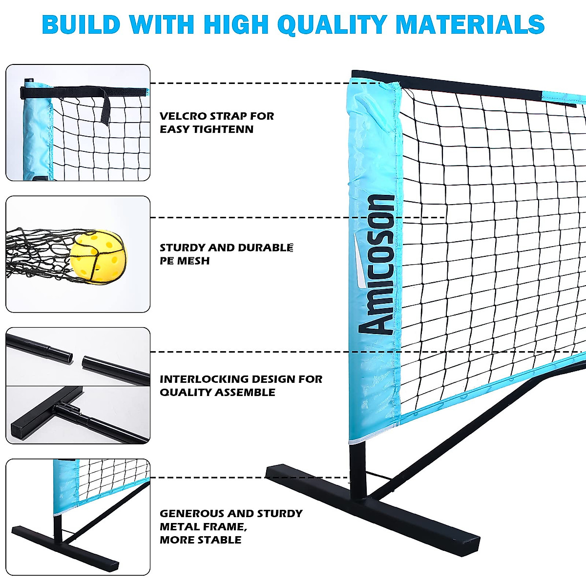 Amicoson Pickleball Set with 22FT Net, 4 Wooden Paddles, 8 Balls, 1 Carrying Bag, 1 Backpack, 2 Rolls of Court Tape & 1 Measuring Tape