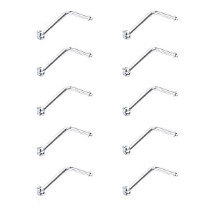 Sllaiss 10Pcs 22G Sterling Silver Small L Shape Nose Ring Studs for Women Mens Czech Crystal Curved Nose Piercings Set Body Jewelry Hypoallergenic 1.5mm