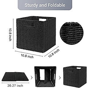Foneso Wicker Storage Baskets, Black Storage Cubes Set of 2 Hand-Woven with Handle Foldable Large Wicker Baskets Bins for Laundry Room Living Room Shelves Organizing