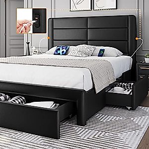 Yaheetech Full Size Bed Frame with 2 USB Charging Stations/Port for Type A&Type C/3 Storage Drawers, Leather Upholstered Platform Bed with Headboard/Solid Wood Slat Support/No Box Spring Needed/Black